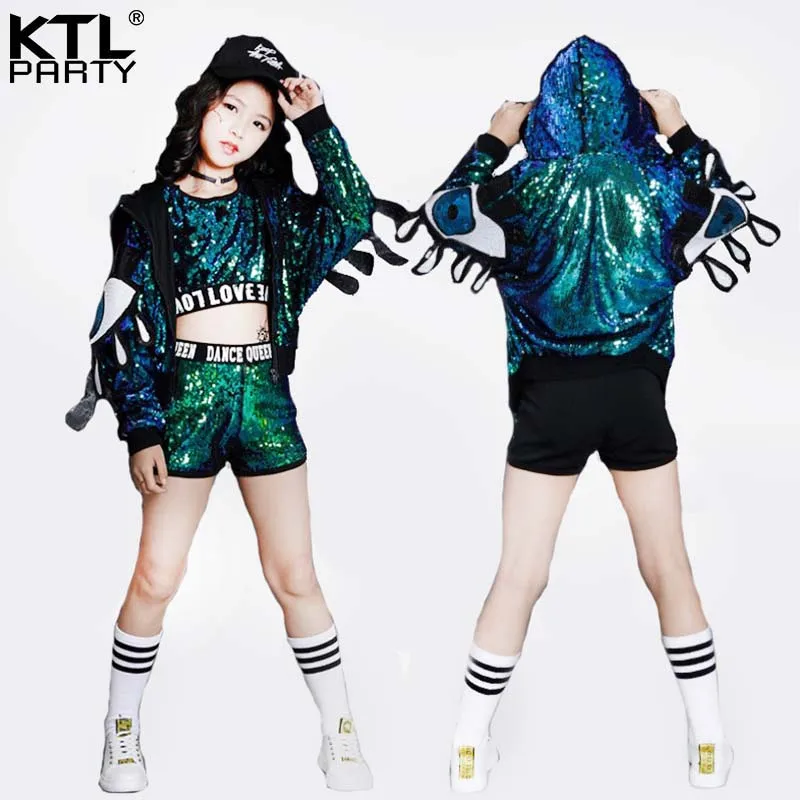 Children Girl Hip Hop Costume Green Sequins Glitter Jazz Street Dance ...