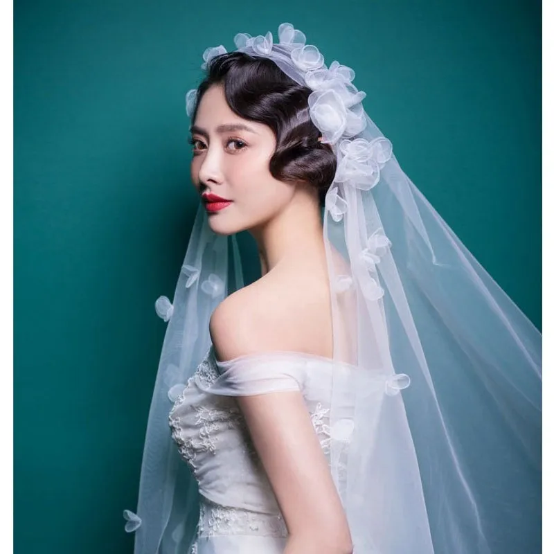Designer Handmade Flowers White Long Bridal Veils Romantic Handmade ...