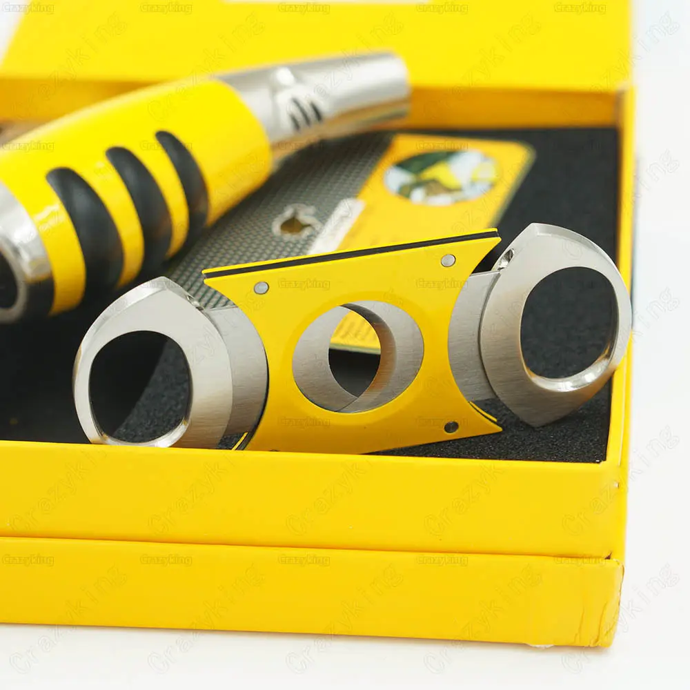 Yellow & Silver Metal Torch Jet Flame Cigar Lighter With Cutter Gift ...