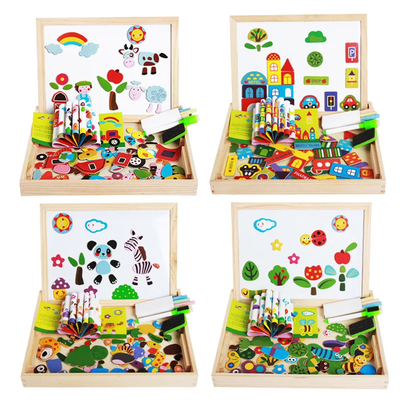 Kids Cartoon Magnetic Jigsaw Puzzle Box Baby Wooden Educational Games ...