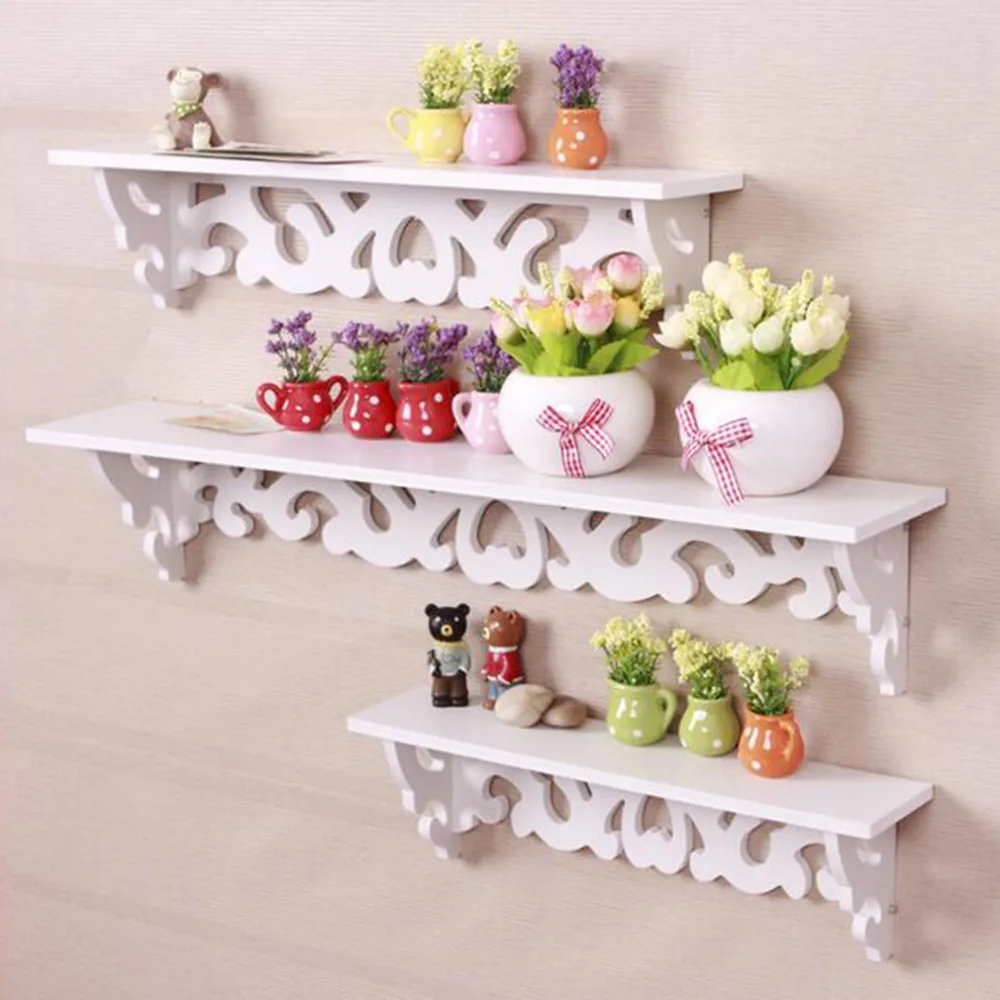 1Set 3 Pcs White Wooden Carved Wall Mounted Shelf Display Hanging Rack ...