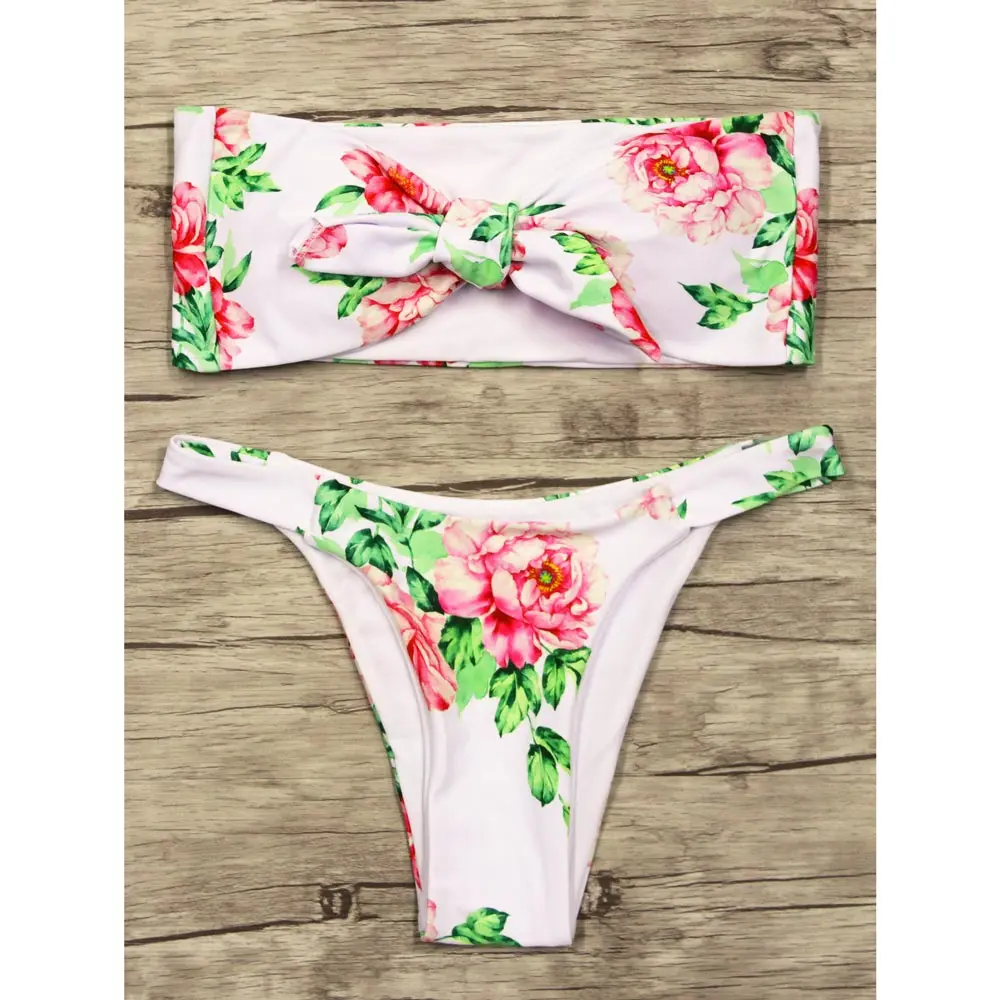 Sexy Bandeau Bikini Set Brazilian Womens Floral Print Swimsuit Push Up