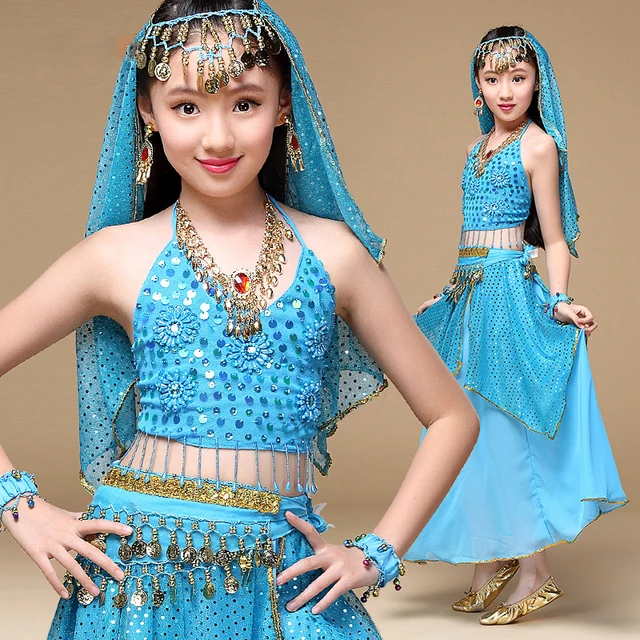 Indian Sari Children Indian Dance 5 piece Costume Set (Top, Belt, Skirt ...