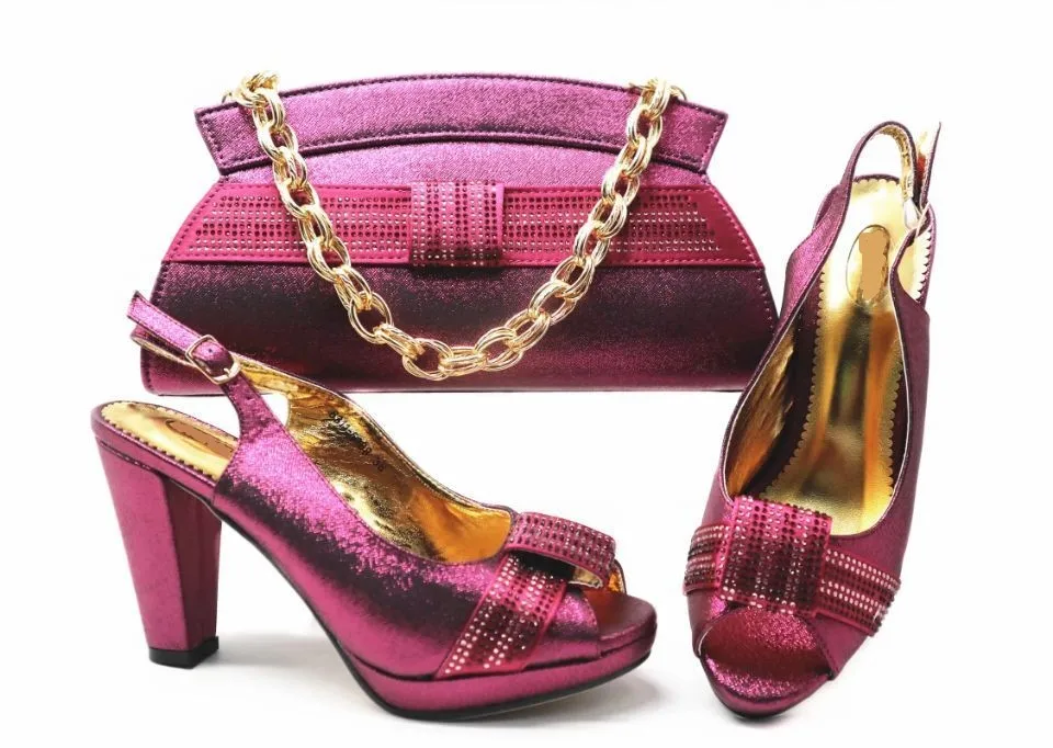 Nice Looking Magenta Women Pumps And Bag Set With Rhinestone African ...