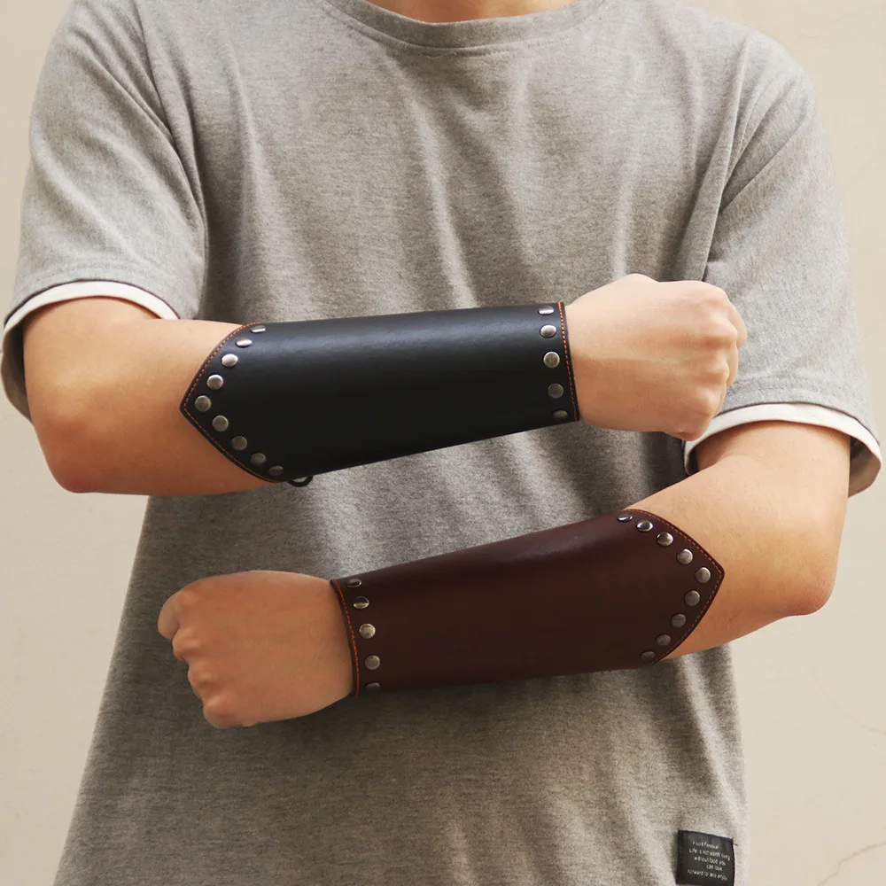 Cosplay Arm Warmers Faux Leather Wide Bracer Lace Up Arm Armor Cuff