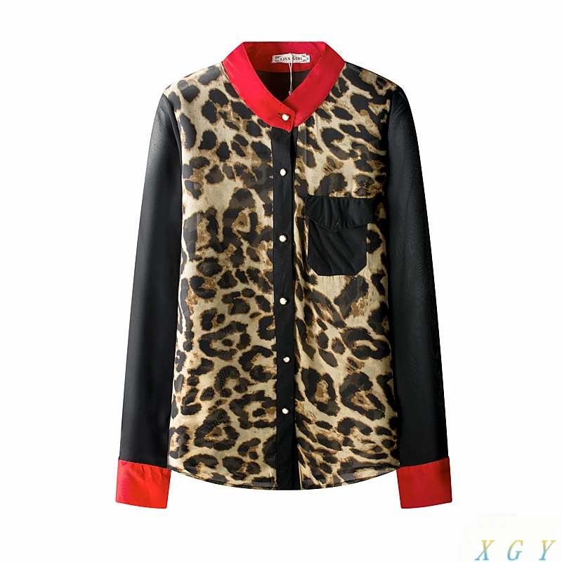 핫 패션 여성 표범 패치 워크 셔츠 캐주얼 긴 소매 쉬폰 셔츠 플러스 사이즈 Blusas Femininas 셔츠 CC2903 ...