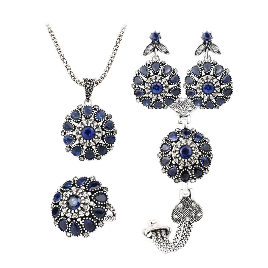 New-Vintage-Turkish-Jewelry-Sets-Blue-Crystal-Flower-Pendant-Antique ...