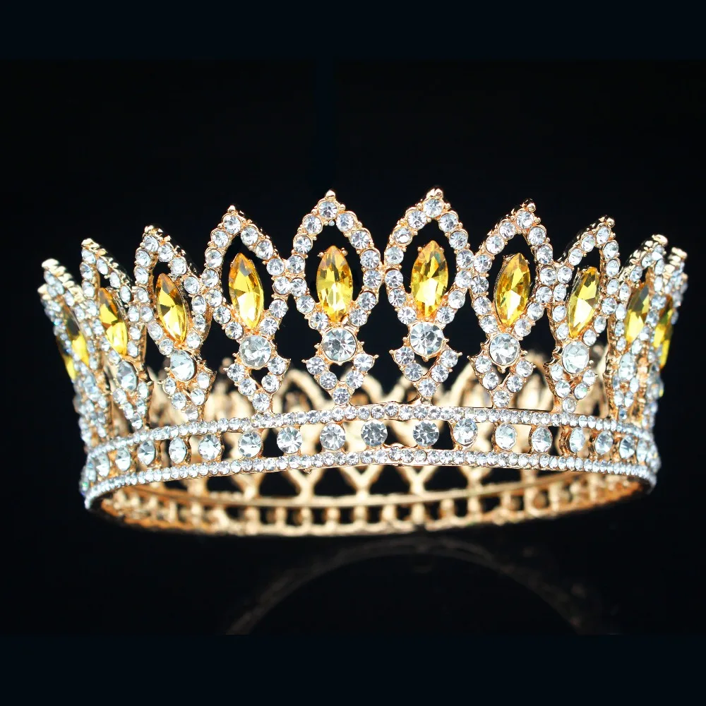 Gold Yellow Queen King Bridal Tiara Crowns Bride Wedding Hair Jewelry ...