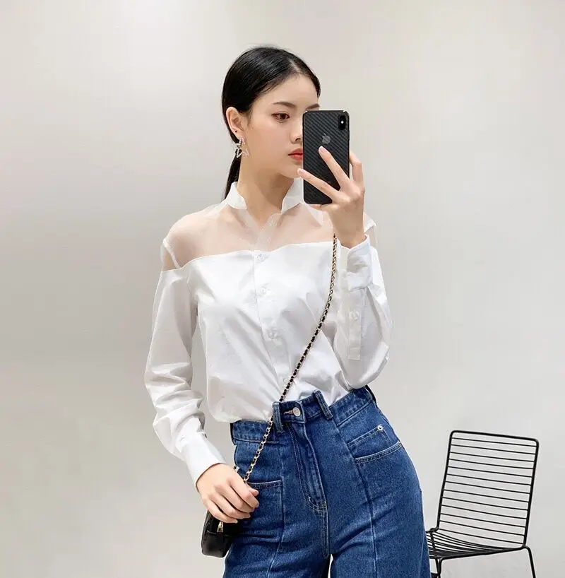 Organza white shirt women blouse fashion OL clothing long sleeve tops ...