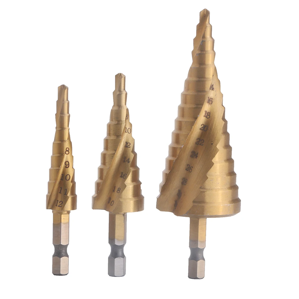 1-4-Hex-Shank-Titanium-HSS-Spiral-Grooved-Step-Cone-Drill-Bit-Hole ...