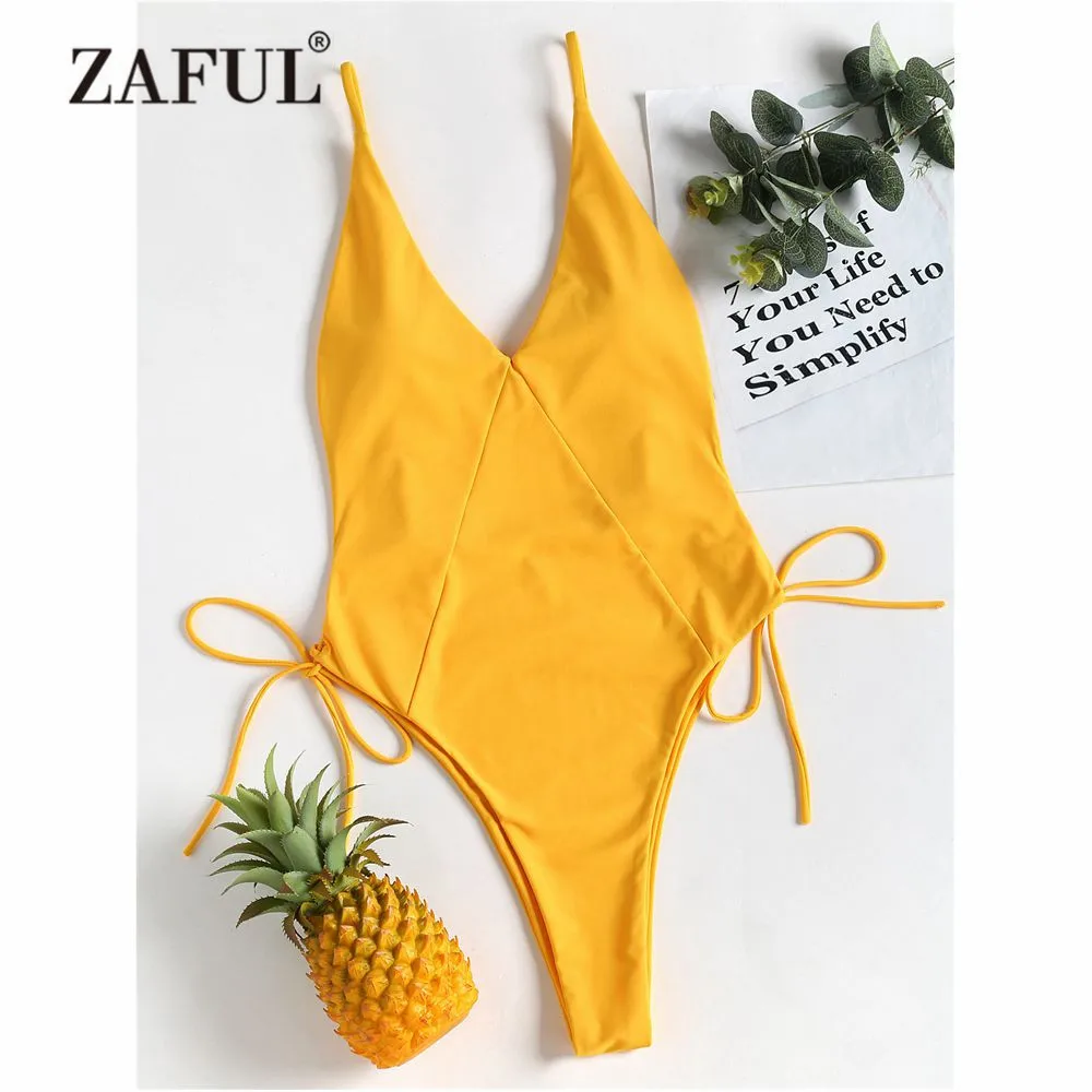 Zaful One Piece Swimsuit Swimwear Women High Cut Swimsuit Cami Lace Up
