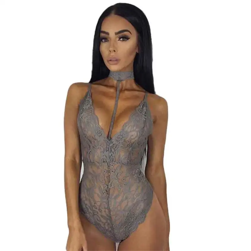 Lace Bodysuit One Piece Jumpsuit Sexy Halter V Neck Backless Women