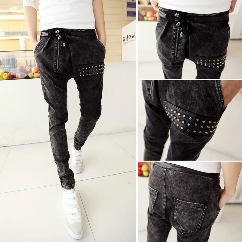 Men HIPHOP Low Drop crotch pants men denim Jeans Harem hip hop pants ...