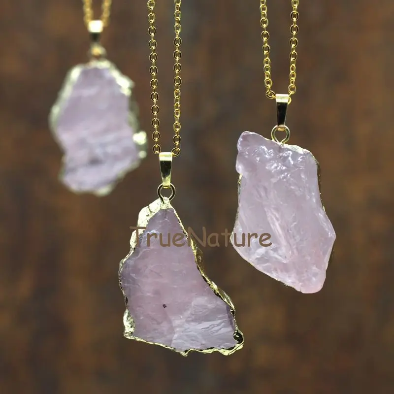 Fashion Gold Chains Crystal Jewelry Random Shape Rose Quartzs Pendant ...
