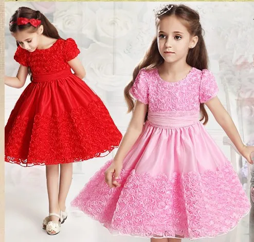 Beautiful short sleeve rose kids prom dresses 2 colors kids frock ...