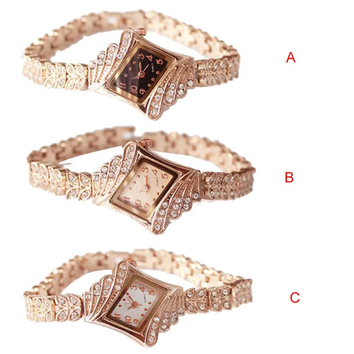 New Women Quartz Rhinestone Crystal Wrist Watch Rhombus Gold Surface ...