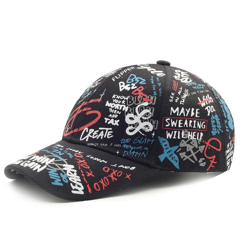 Summer Streetwear Graffiti Black Baseball Cap for Men Women Hip Hop ...