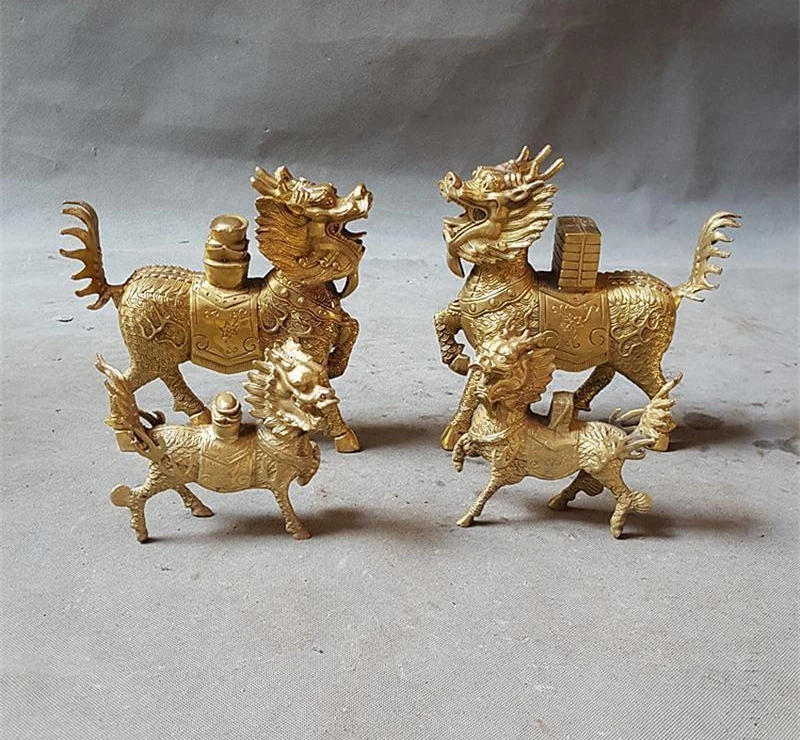 Chinese FengShui Brass Carved Guard Evil Dragon Kylin QiLin Beast ...