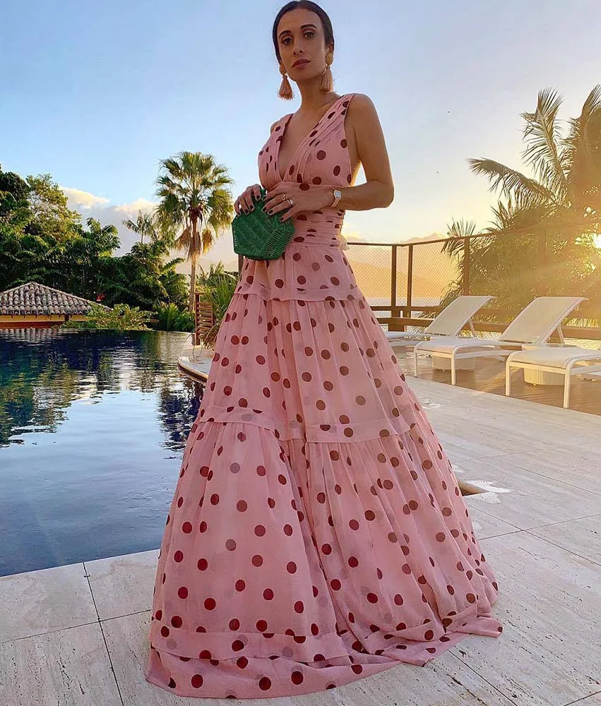 Polka Dot Sleeveless Boho Maxi Woman Dress Pink Elegant Plus Size