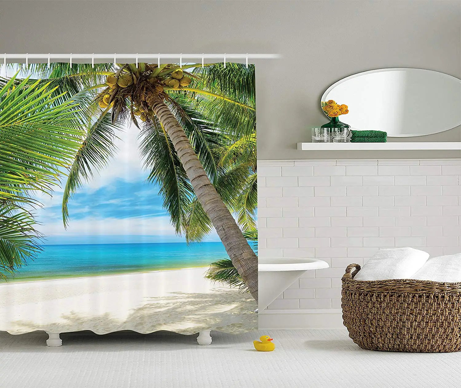 Extra Long Shower Curtain Ocean Decor Shadow Shade of a Coconut Palm ...