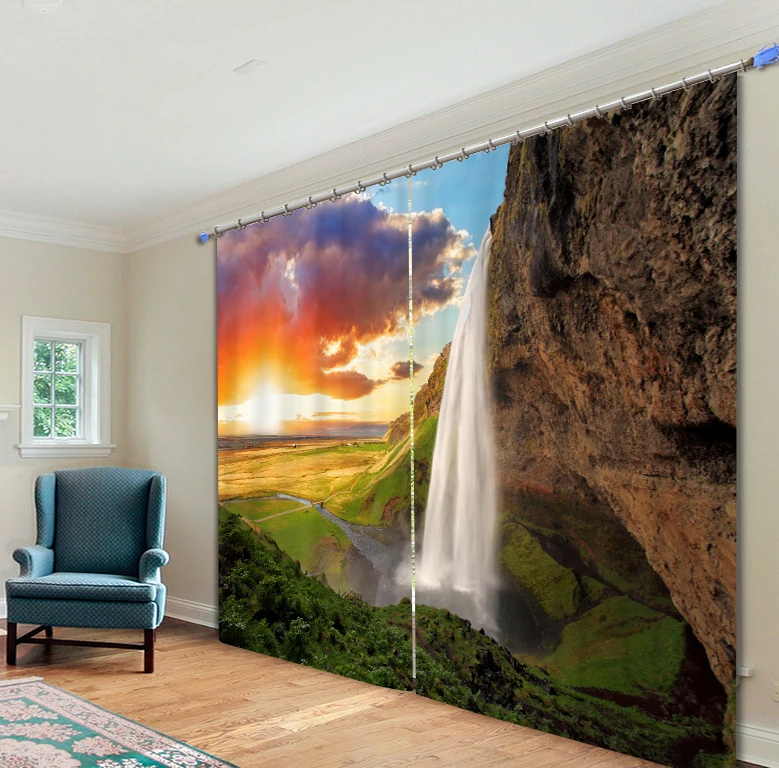 3D waterfall flowing water sunset personalized printed curtains shade ...