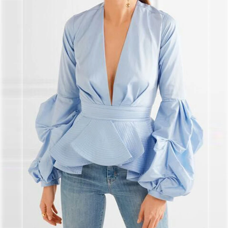 5xl Blouse Office Lady Woman Blue Striped Deep V Neck Lantern Sleeve