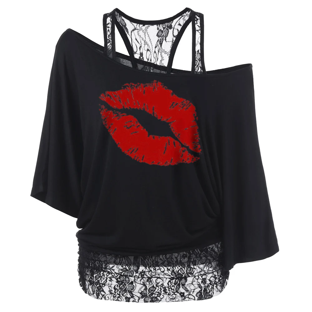 Gamiss Summer Female Lace T Shirt Red Lip Print Plus Size Half Sleeve