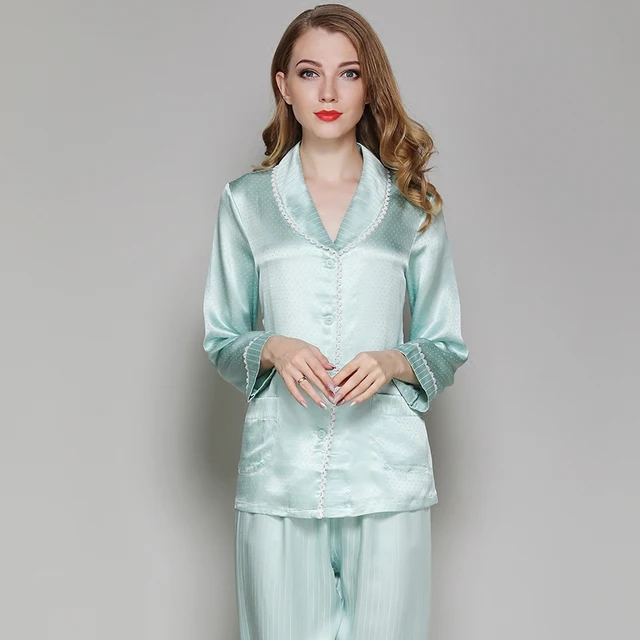 Elegant luxury Silk Pajamas For Women2019new Solid Green pyjamas women ...