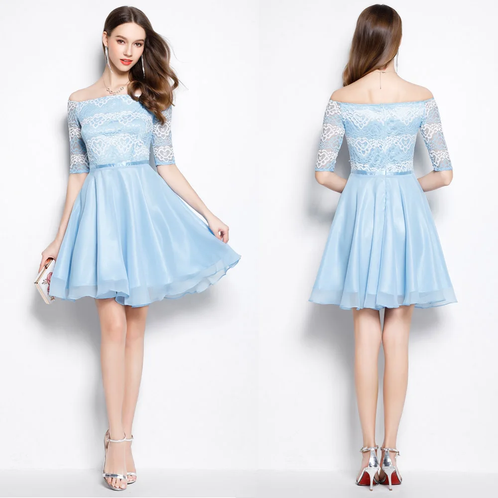 B0017 New light blue lace chiffon short mini prom ball party formal ...