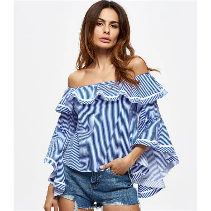 Women Sexy Ruffles Blouses Slash Neck Off Shoulder Butterfly Sleeve