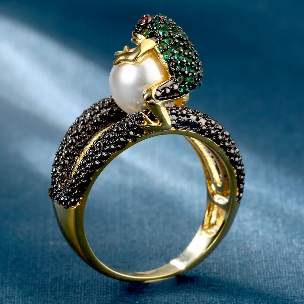 Micro Pave Zircon Frog Hug Pearl Ring - styloclubs.com
