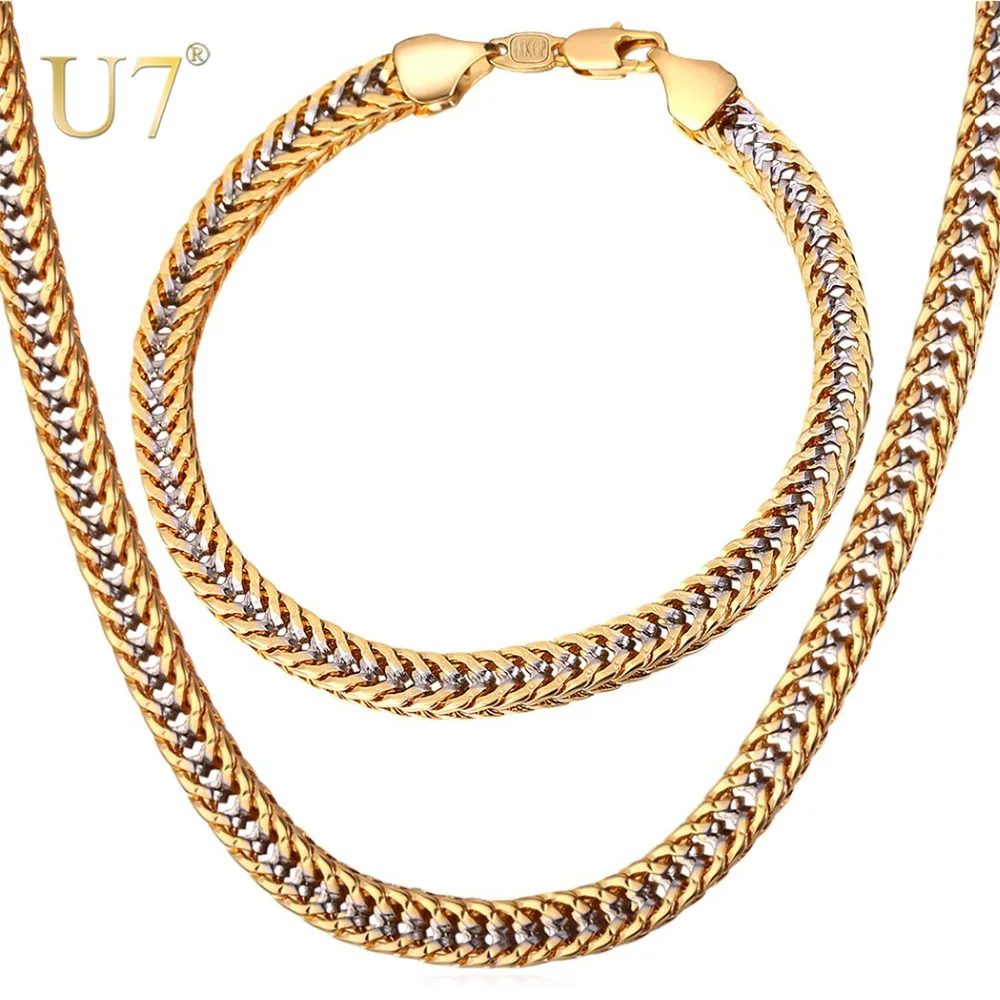 U7-Two-Tone-Gold-Color-Necklace-Set-Franco-Chain-Necklace-Bracelet-Men ...