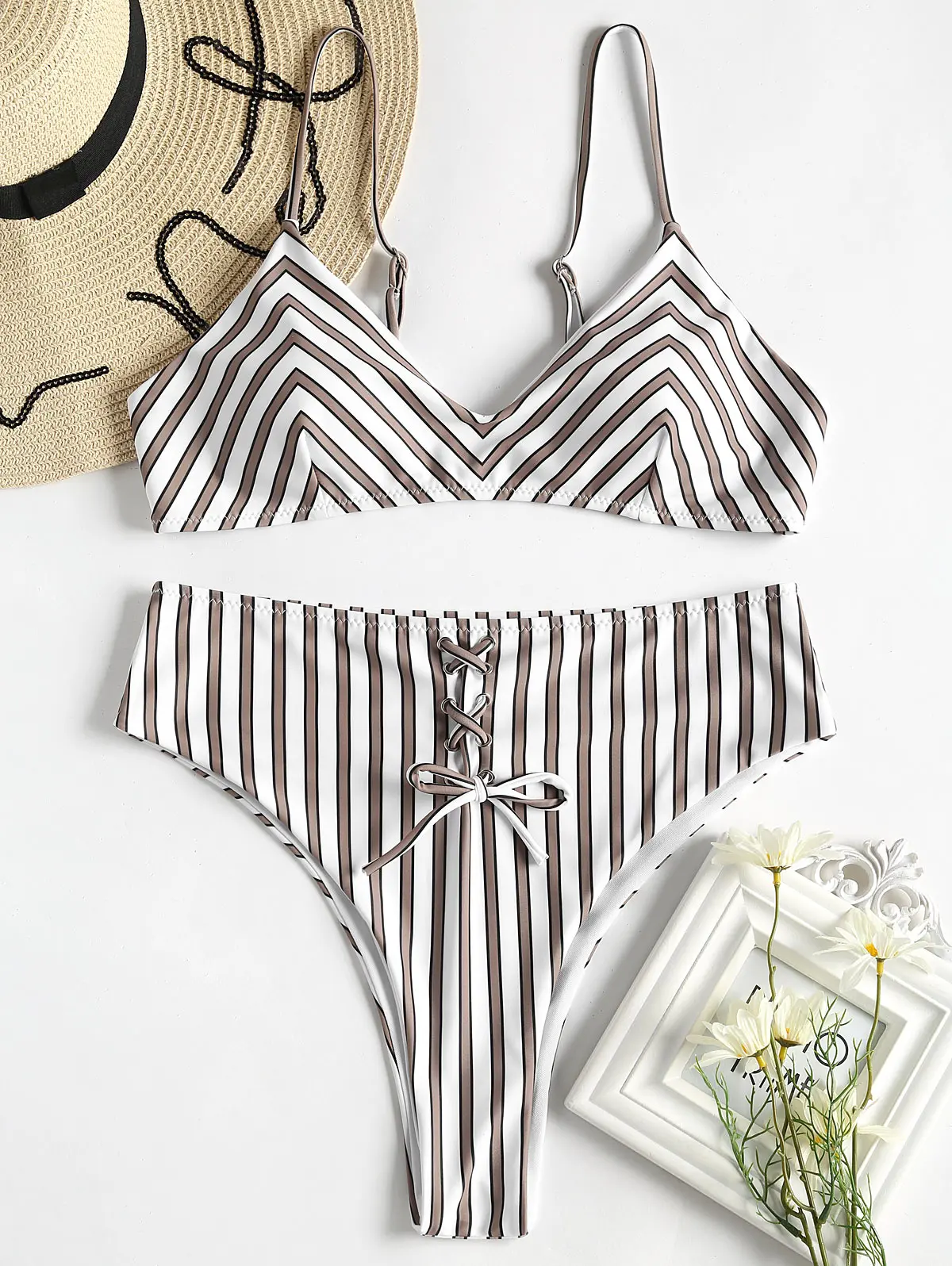 Women Swimwear Swimsuit Zigzag High Rise Lace Up Bikini Bathing Suit ...