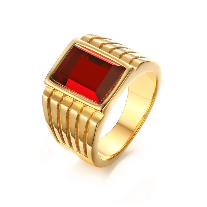 Heyrock Big Red Stone Rings For Men Jewelry Cool Golden Rings Party ...