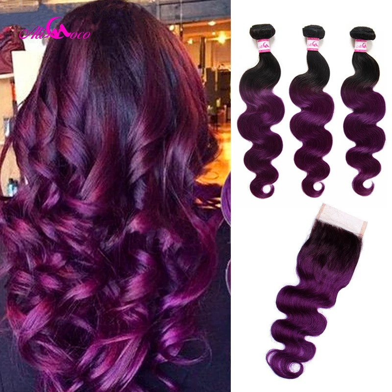 Ali Coco Body Wave 3 Bundle With Closure 1b/purple Color Brazilian Hair ...