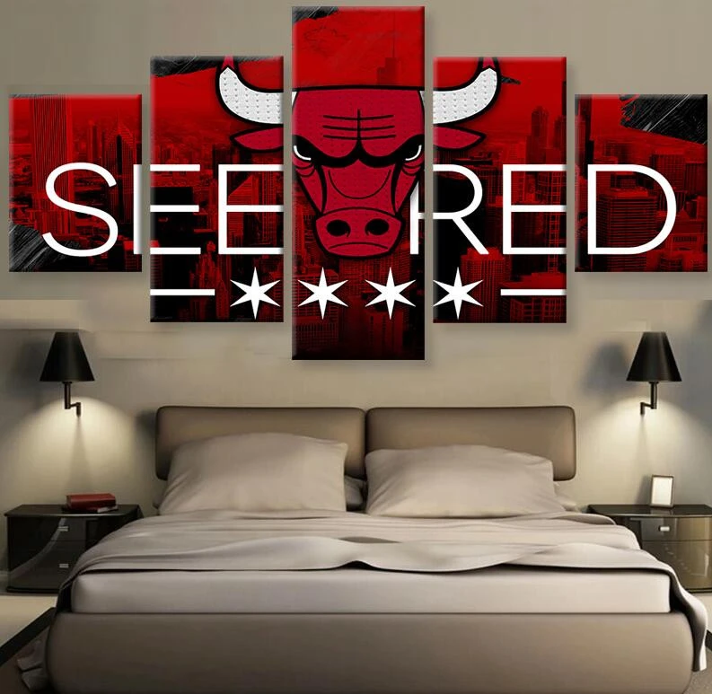Modular Wall Paintings 5 Panel Chicago Bulls See Red Sports Team Logo ...