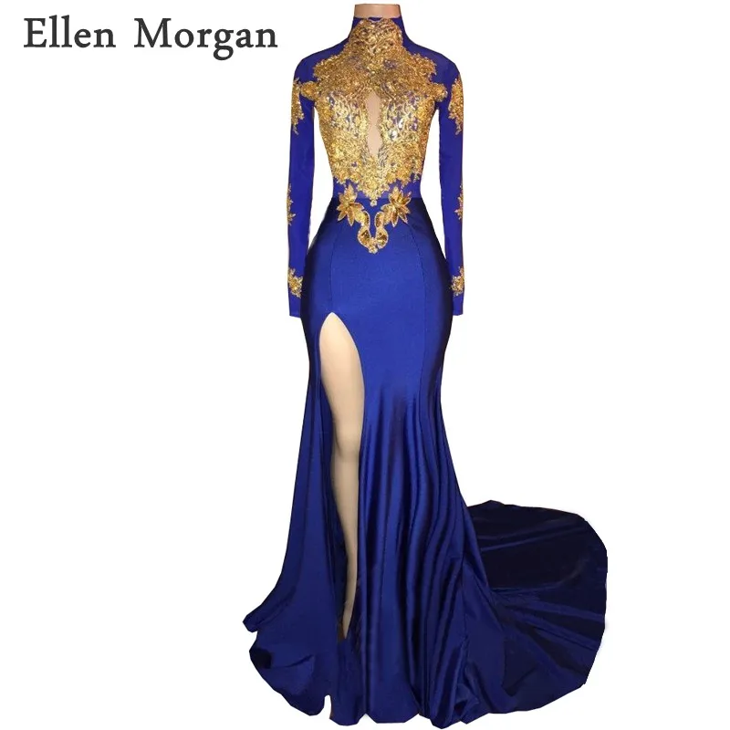 Royal Blue Long Sleeves Mermaid Prom Dresses 2019 For African Black