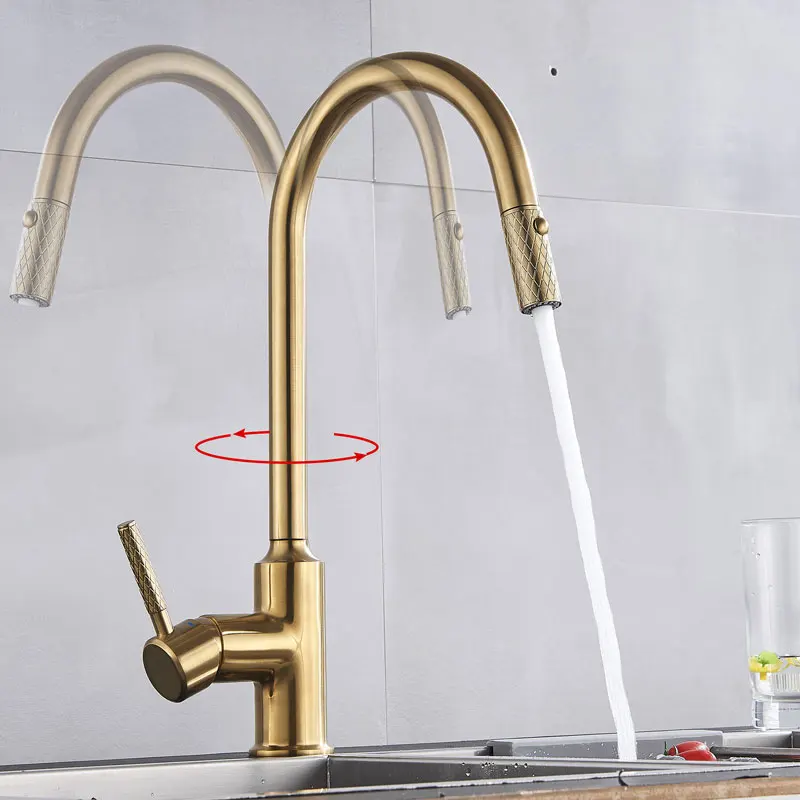 Brushed Gold New Kitchen Faucet Pull out two outlet ways Hot and Cold ...