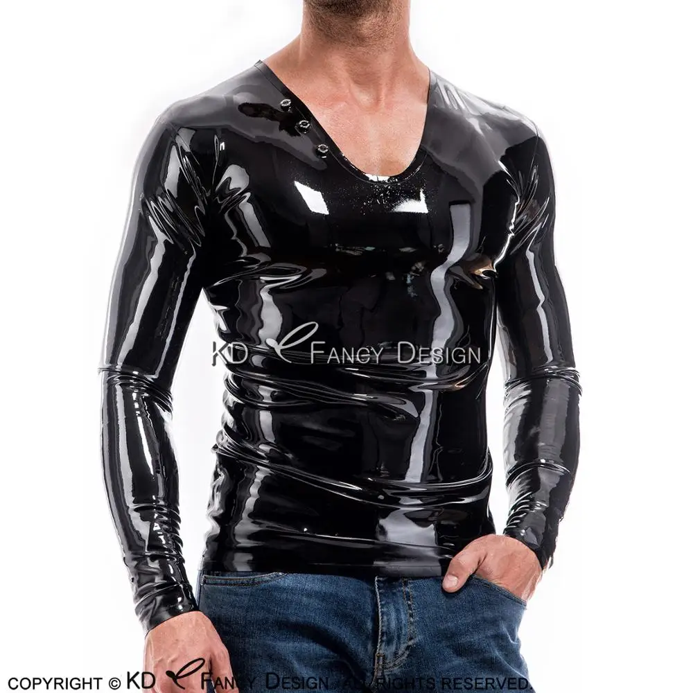 Black Sexy Latex Shirt With Long Sleeves V Neck Buttons Decoration ...