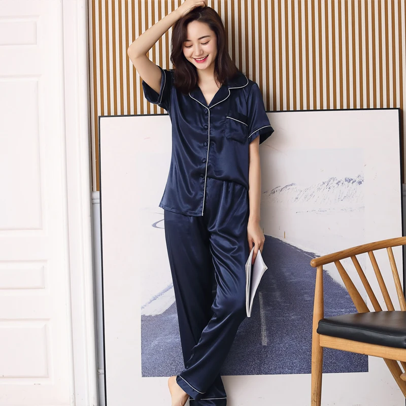 Pure Color Silk Pajamas Set Women Summer Female Pijamas Sets of ...