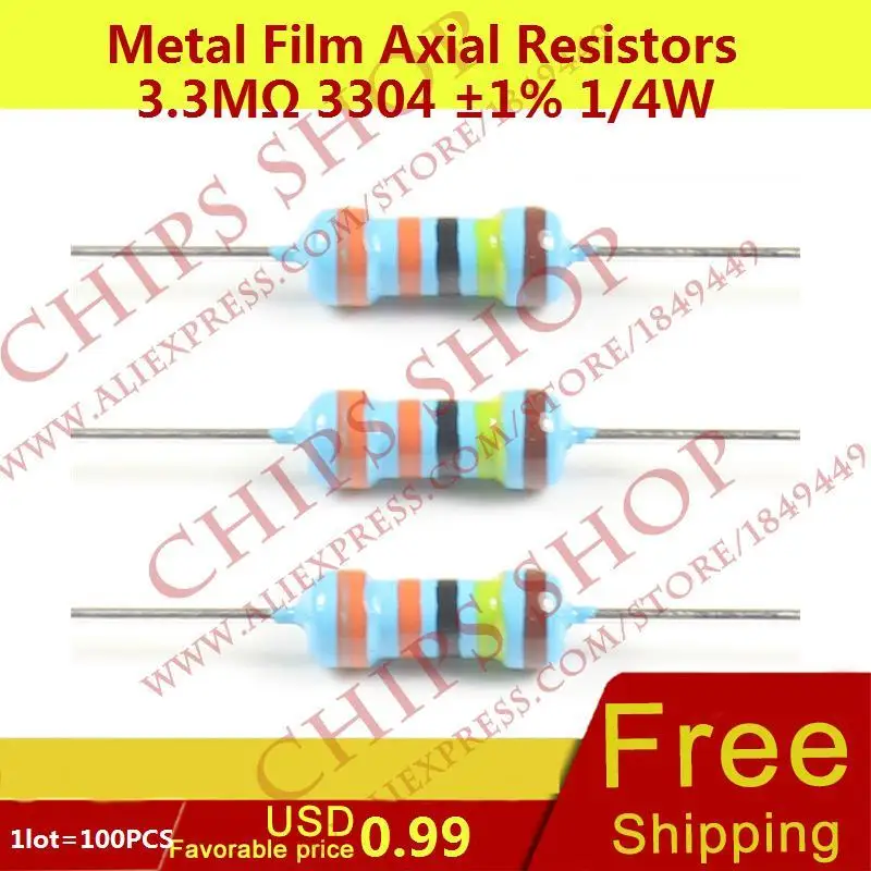 1LOT=100PCS Metal Film Axial Resistors 3.3Mohm 3304 1% 1/4W 3300000ohm ...
