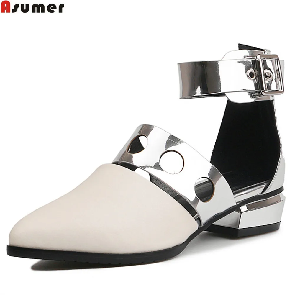 Asumer White Pointed Toe Buckle Spring Autumn Shoes Woman Square Heel Casual Women Genuine
