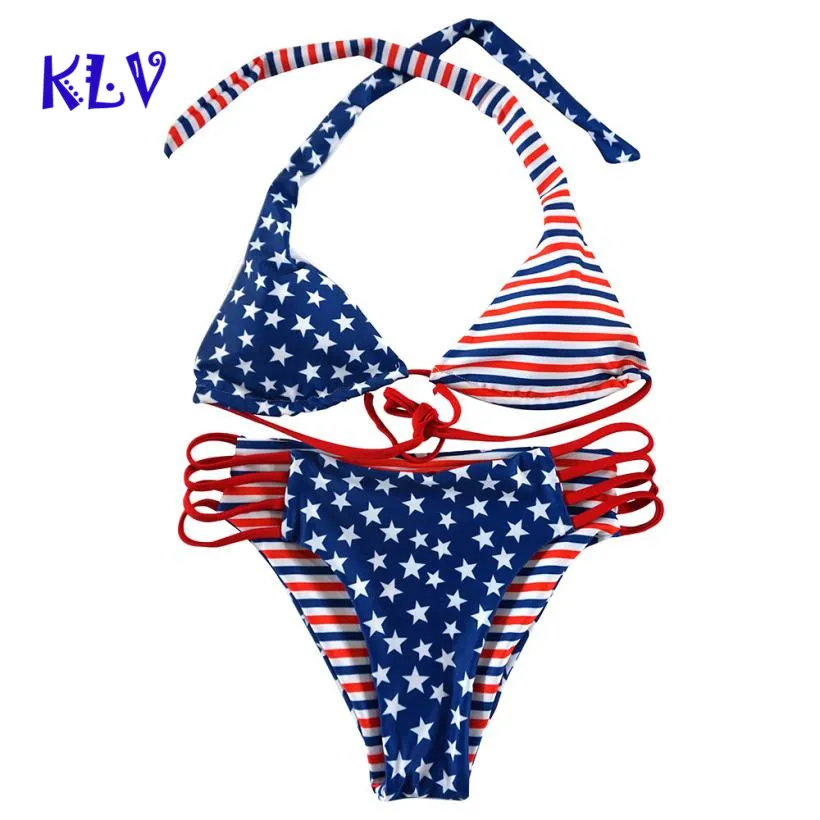 klv Women American Print Flag Bikini Swimsuit Bikini Beachwear Swimwear ...