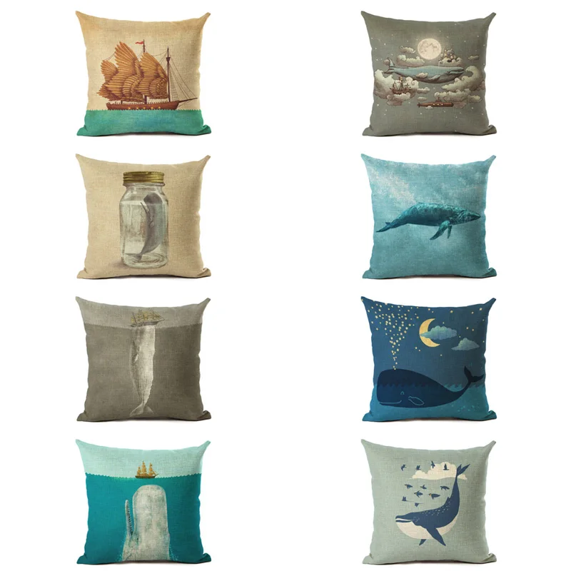 2018 Blue Ocean Abstract Style Cushion Cover Whale Boat Throw Pillow ...