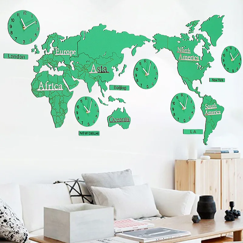 Wooden World Map Wall Clocks Modern Design Creative 3D World Map Clock ...
