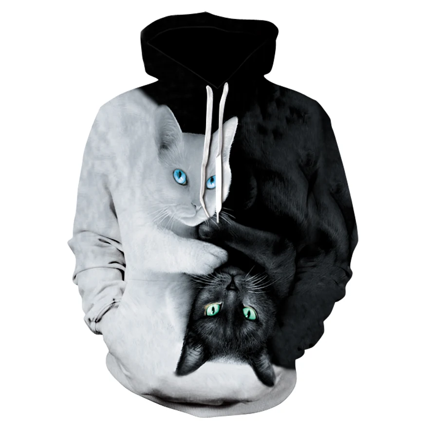2018 3d Hoodies Men Woman Hooded Sweatshirts Cute Black And White Cat