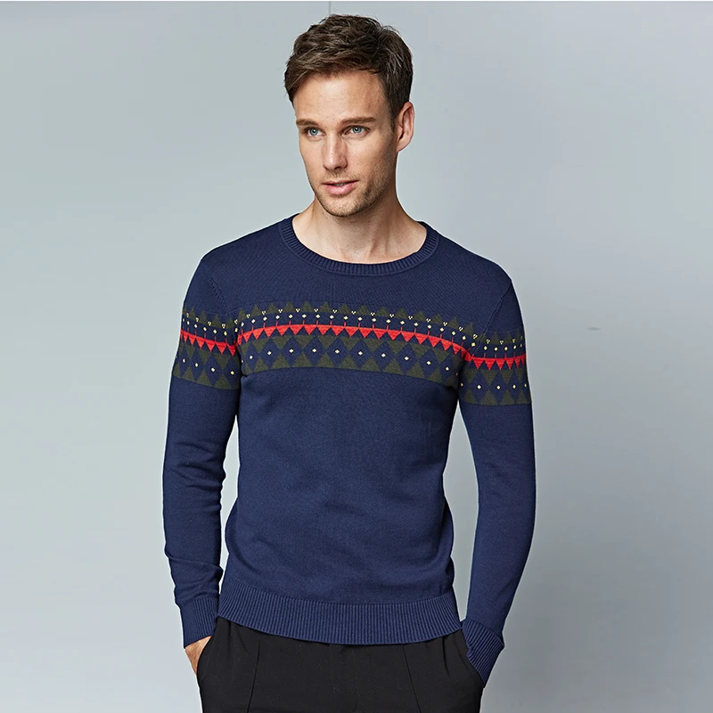 Men's Sweaters Warm Cotton Blue Geometric Pattern Pullovers Male Slim ...