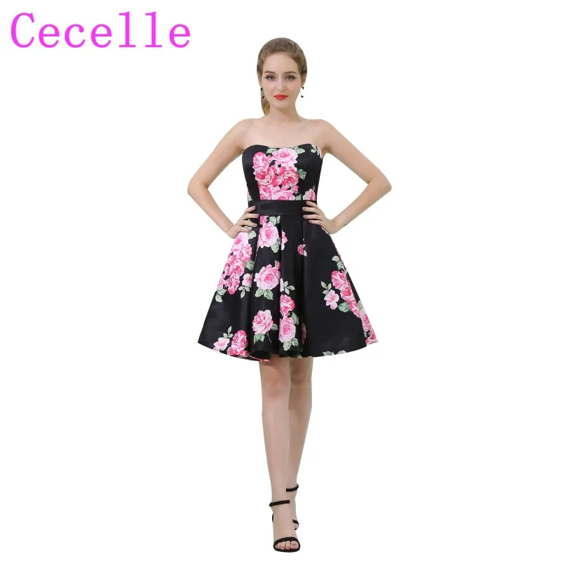 New Black Short Floral Print Cocktail Dresses 2019 Sweetheart Semi
