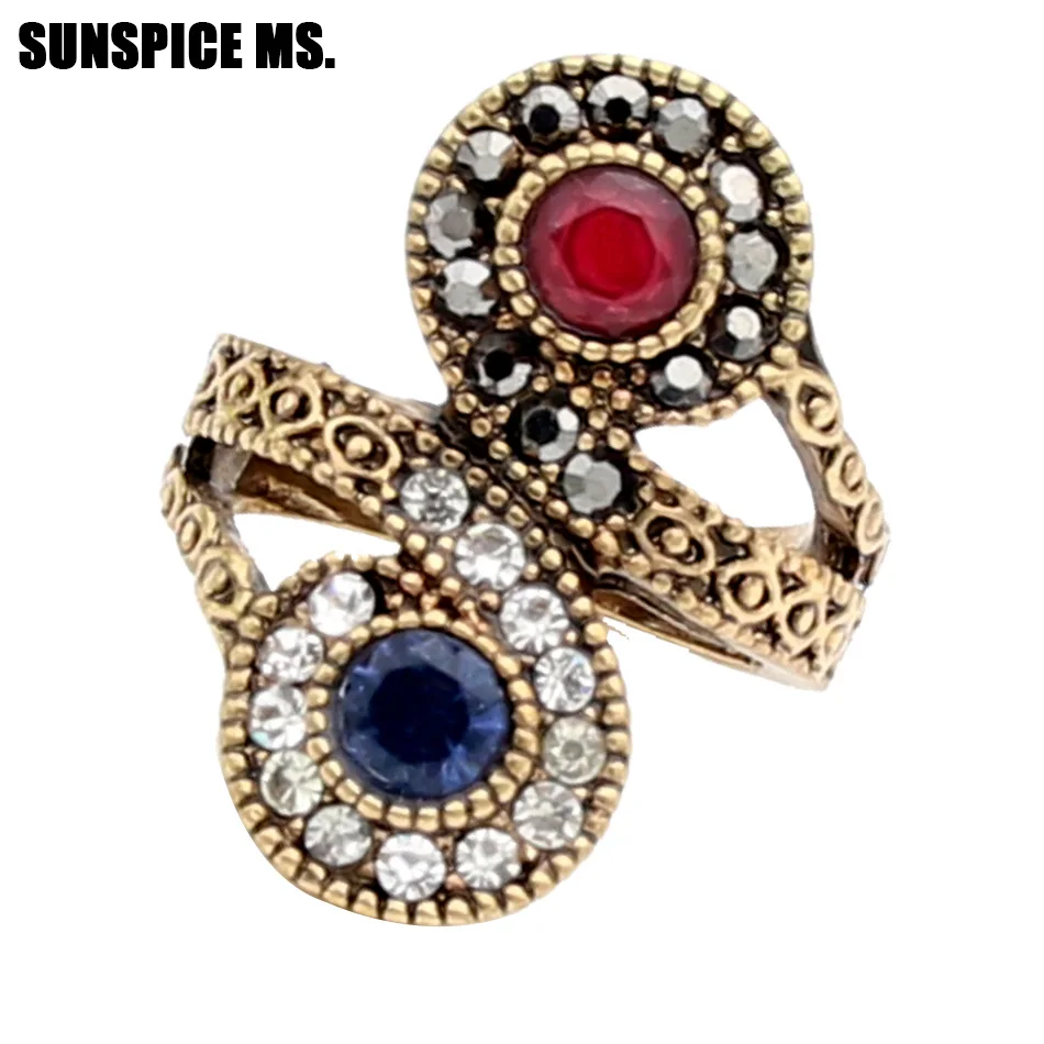 New Antique Turkish Ring Retro Gold Color Crystal Hollow Resin Double ...