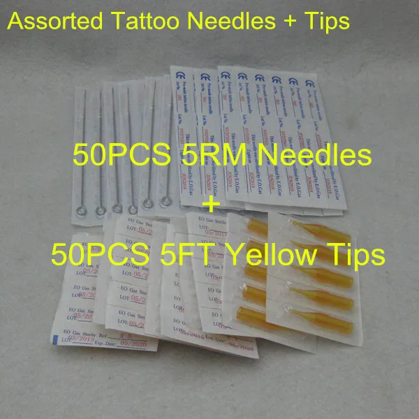 50PCS 5RM Sterile Round Magnum Tattoo Needle + 50PCS 5FT Yellow ...